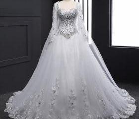 Bandage Tube Top Crystal Wedding Dress, Long Sleeve Bridal Gown on Luulla