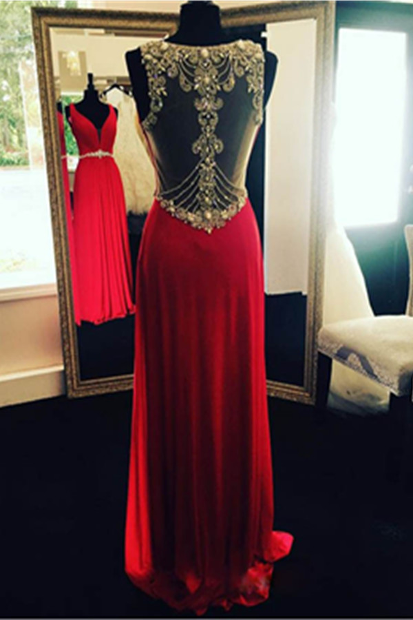 Red Close Back Prom Dresses,deep V-neck Prom Gowns,handmade Evening ...