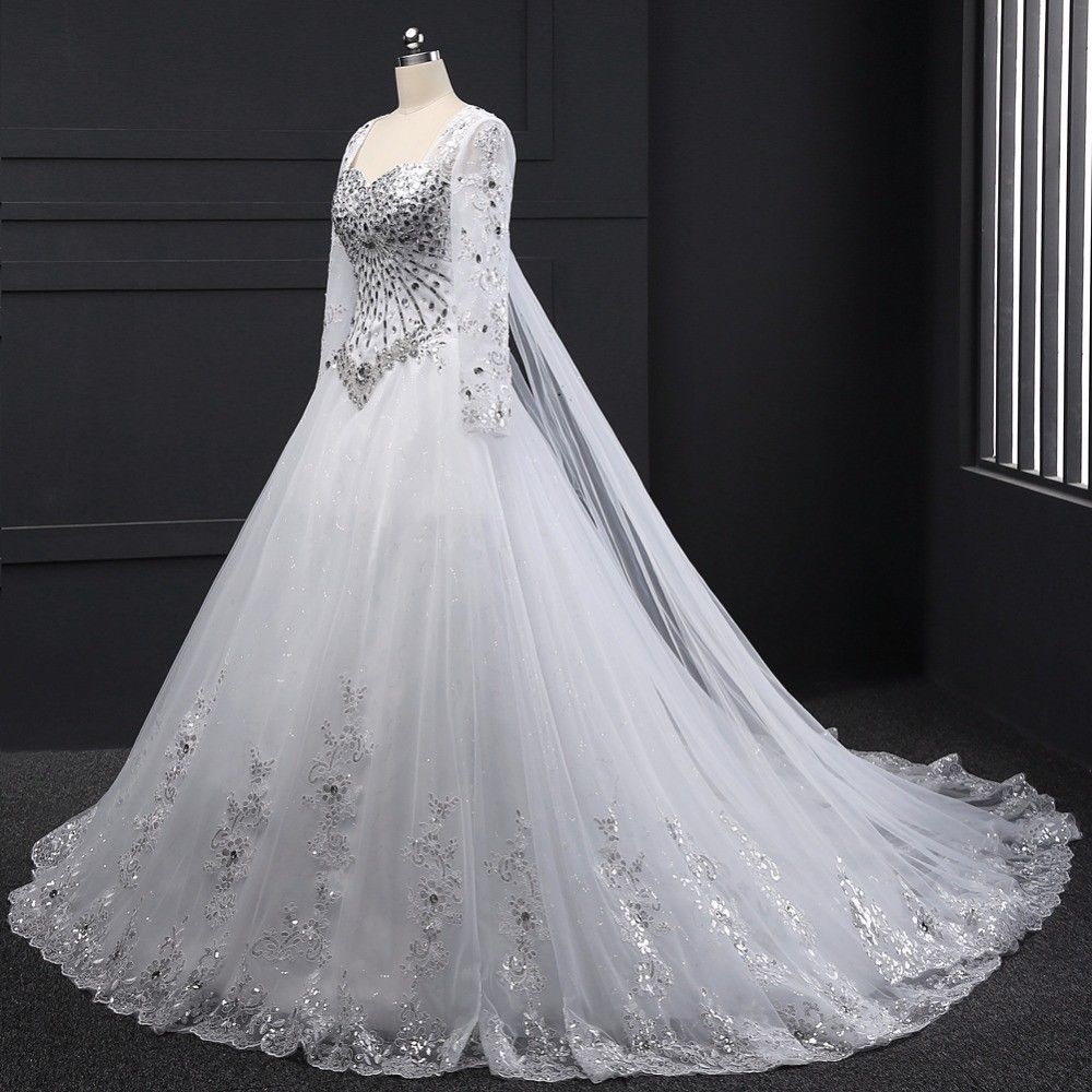 Bandage Tube Top Crystal Wedding Dress, Long Sleeve Bridal Gown on Luulla