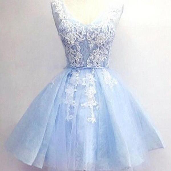 Light Blue Short Prom Dresses,v-neck Lace Homecoming Dresses,homecoming ...