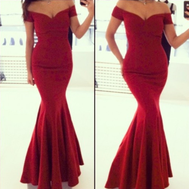 Pretty Red Satin Mermaid Off Shoulder Prom Dresses Off Shoulder Party