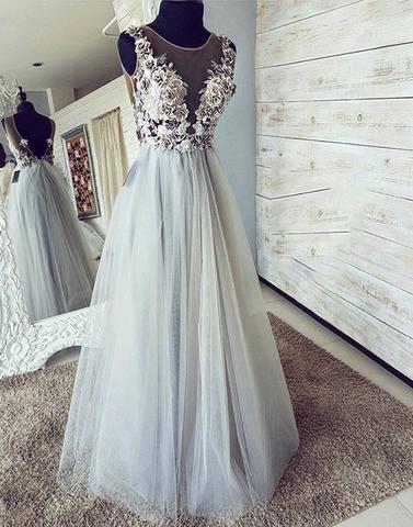 Illusion Neck Long Grey Prom Dress,evening Gown,floor Length Long Prom ...