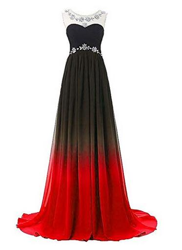 Women's Gradient Black & Red Long A-line Prom Gown Ombre Chiffon ...